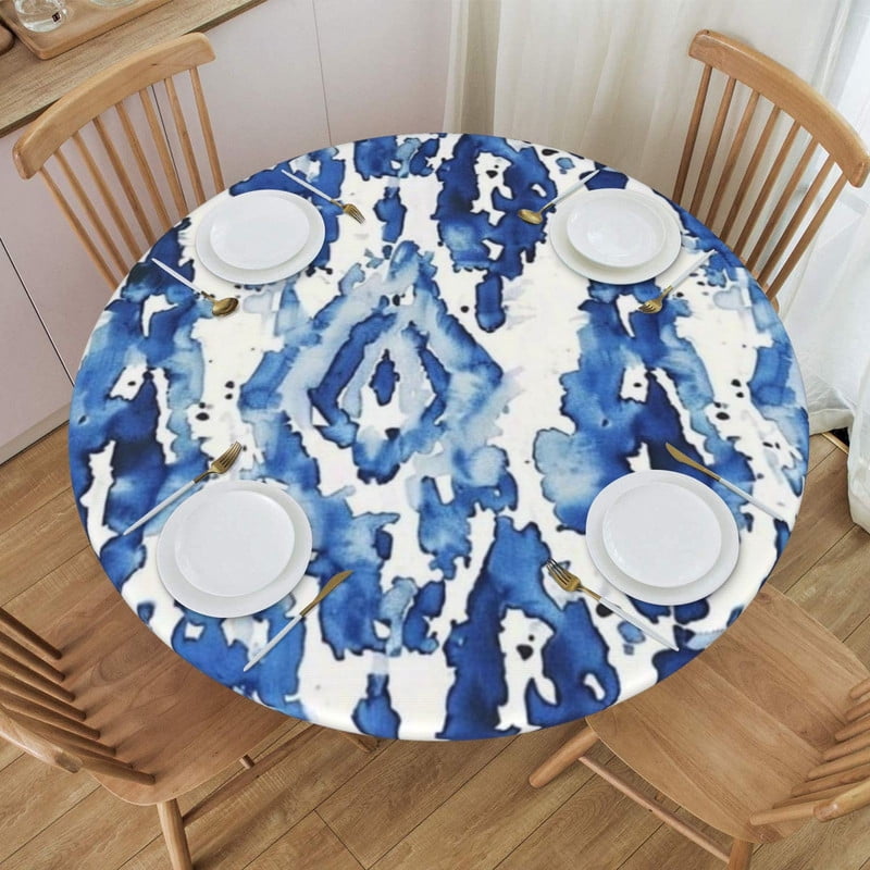 Round Fitted Tablecloth with Elastic Indigo Gem Ikat Fitted Table ...