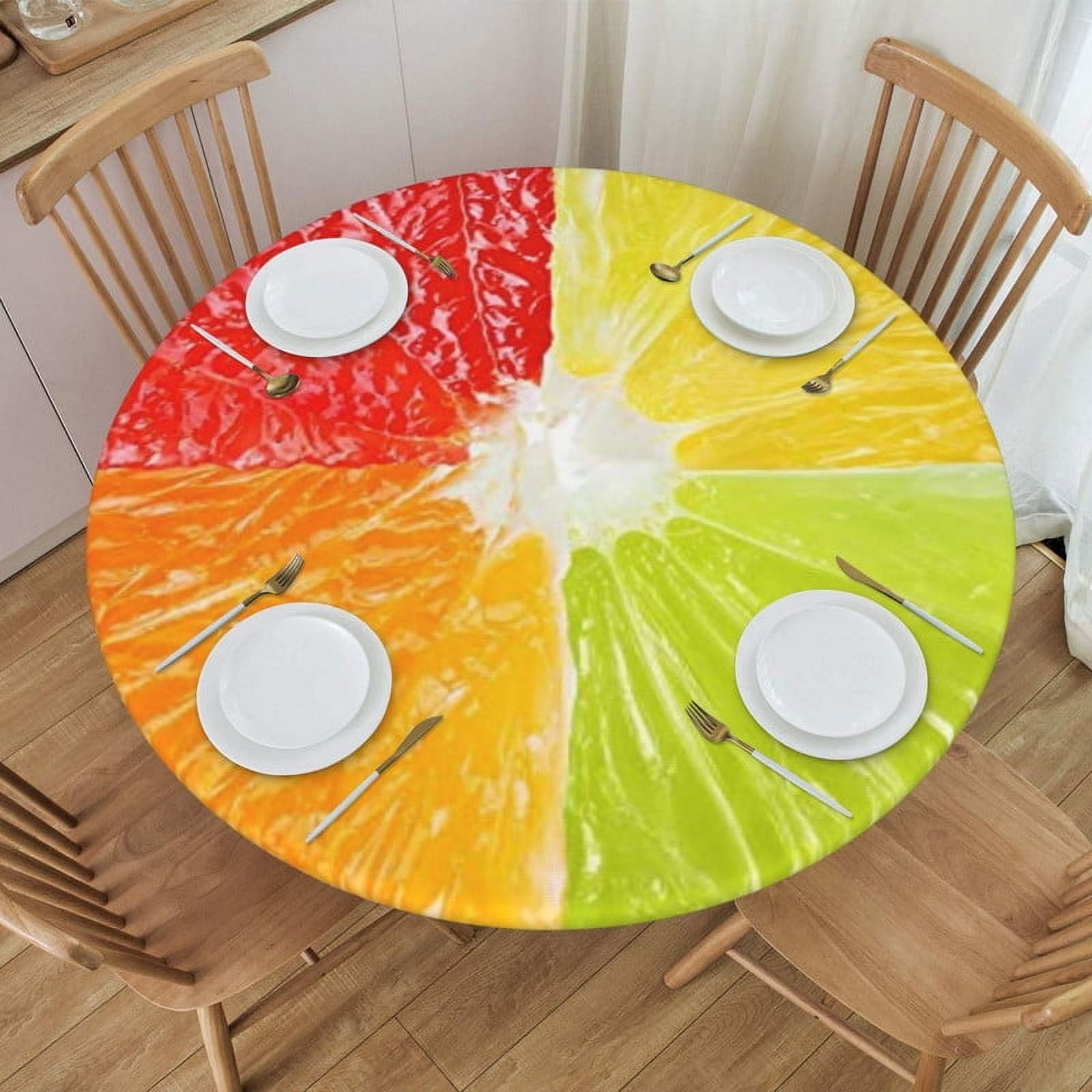 Round Fitted Tablecloth with Elastic Lemon Round Tropical Fruit Round ...