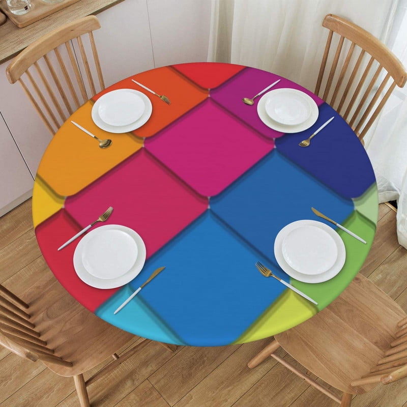 Round Fitted Tablecloth with Elastic Mosaic Paper Abstract Art Colorful ...