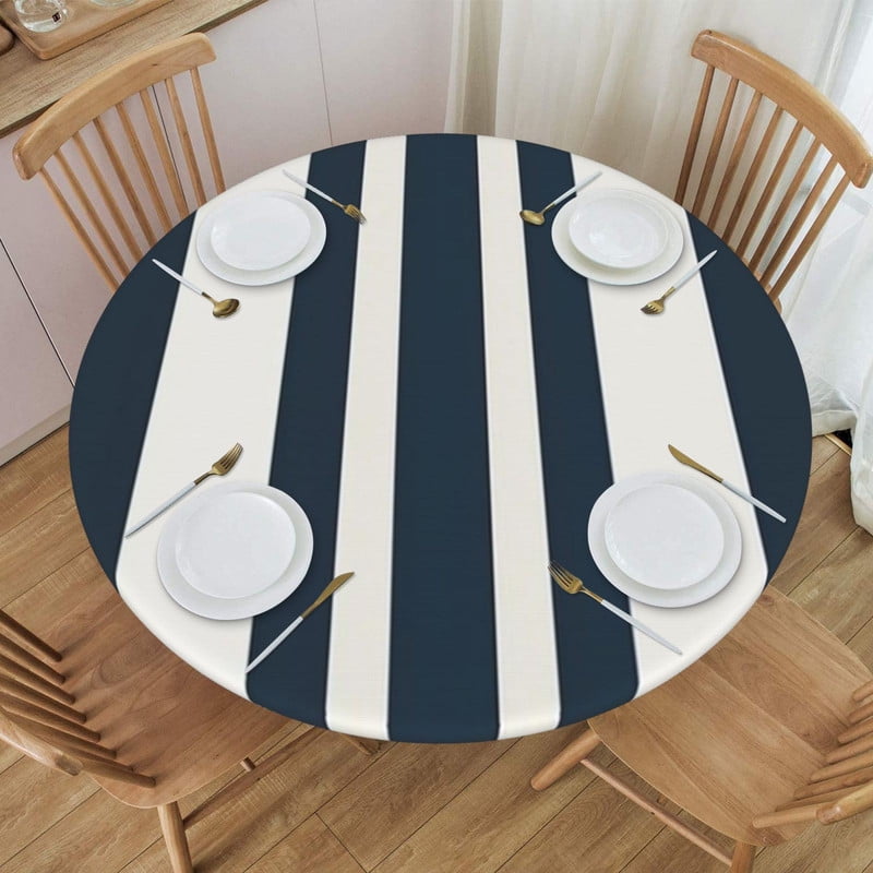 Round Fitted Tablecloth with Elastic Navy Blue and White Geometric ...