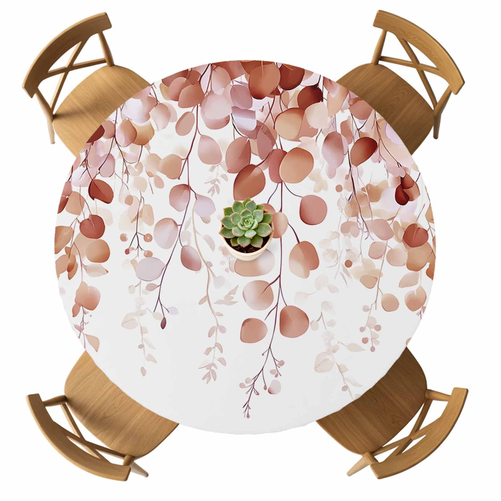 Round Fitted Tablecloth with Elastic Orange Eucalyptus Leaves ...