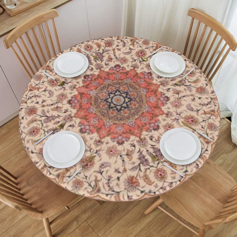 Round Fitted Tablecloth with Elastic Persian Floral Beige Red Round ...