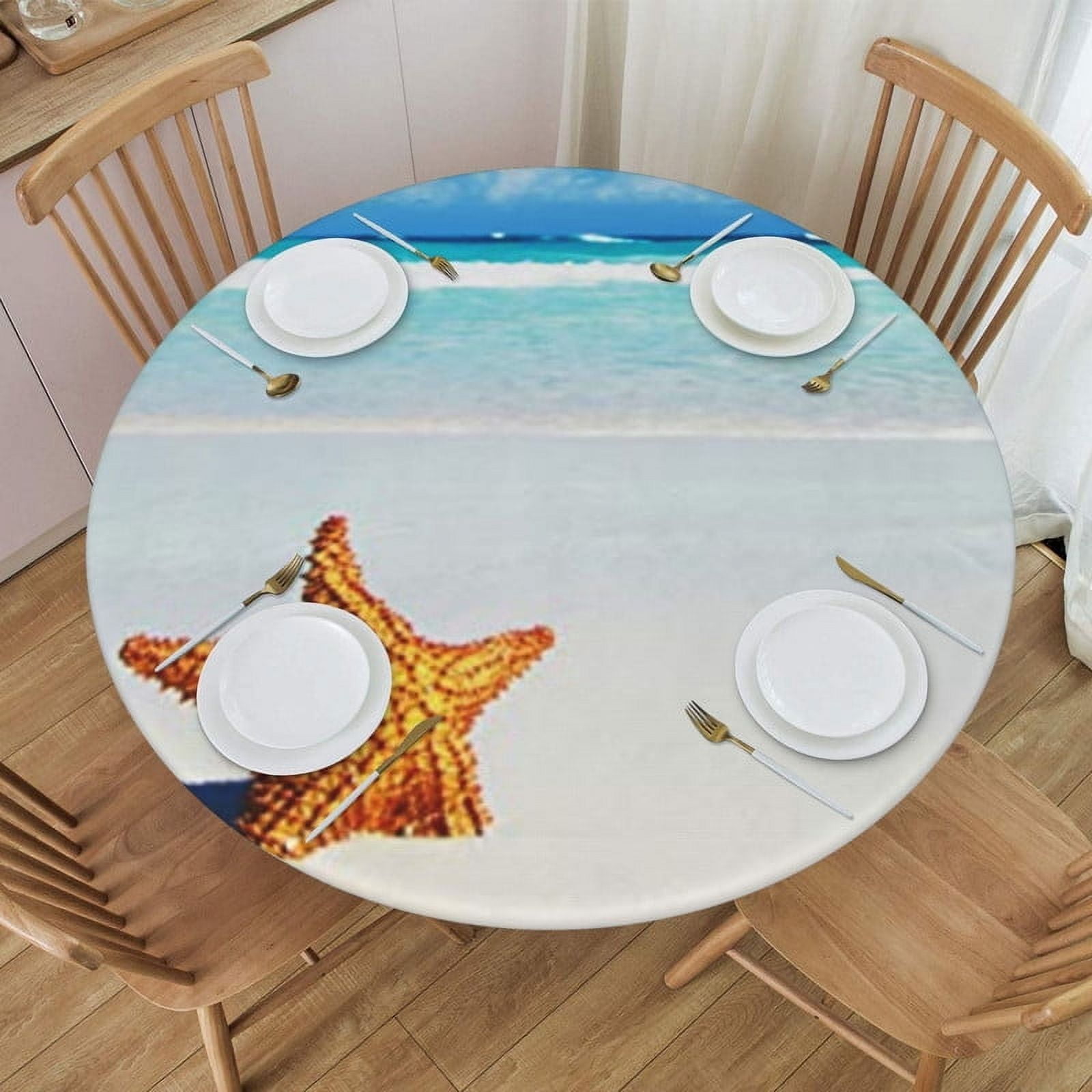 Round Fitted Tablecloth with Elastic Round Beach Theme Round Outdoor ...