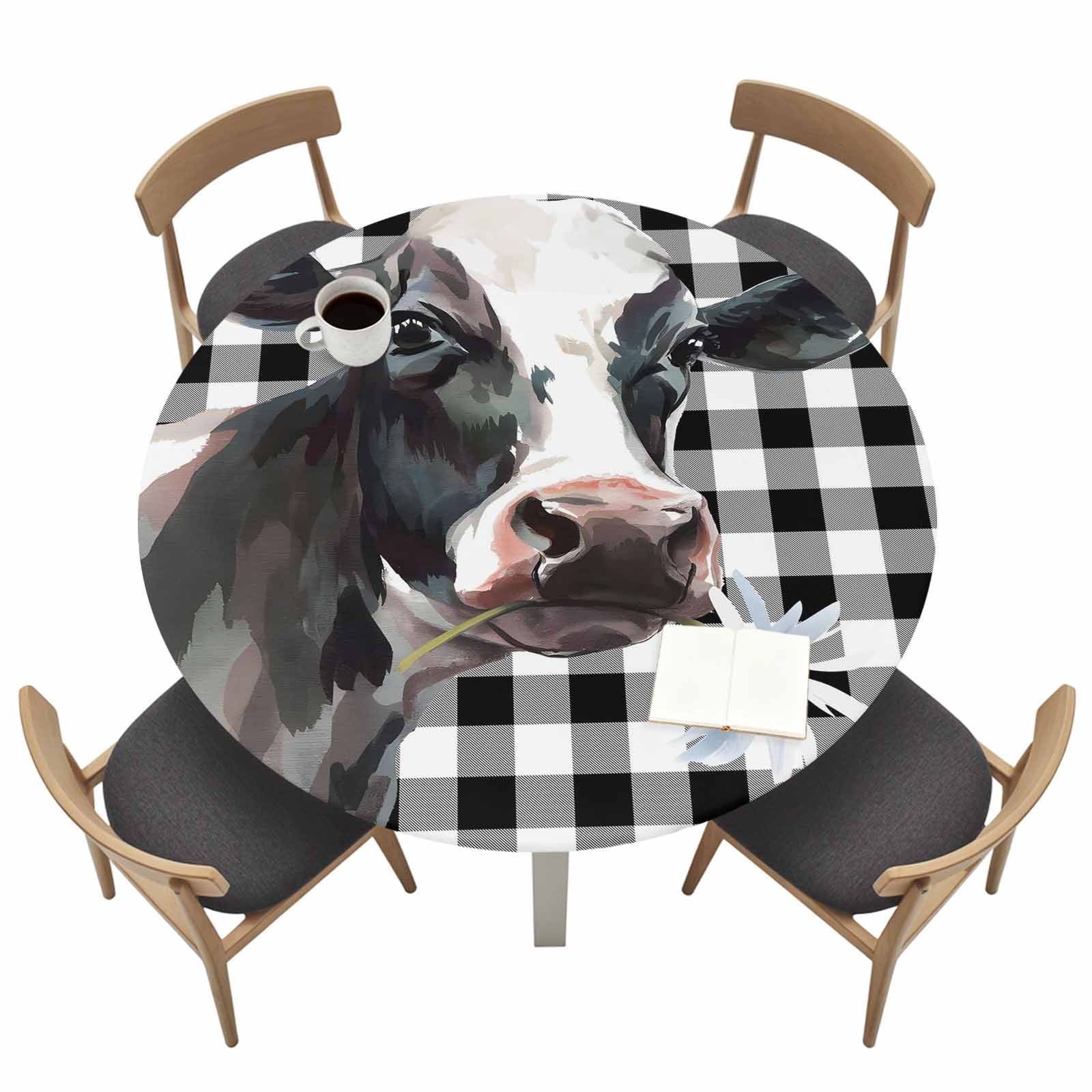 Round Fitted Tablecloth with Elastic Sunflower Cow Tablecloths Farm ...