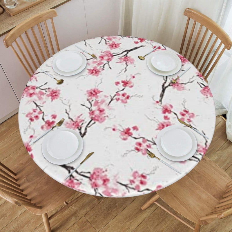 Round Fitted Tablecloth with Elastic Watercolor Cherry Blossom Round ...