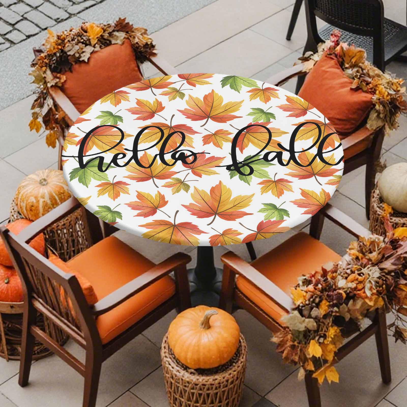 Round Fitted Tablecloth,Fall Maple Leaf Orange Gradient Circle Table ...