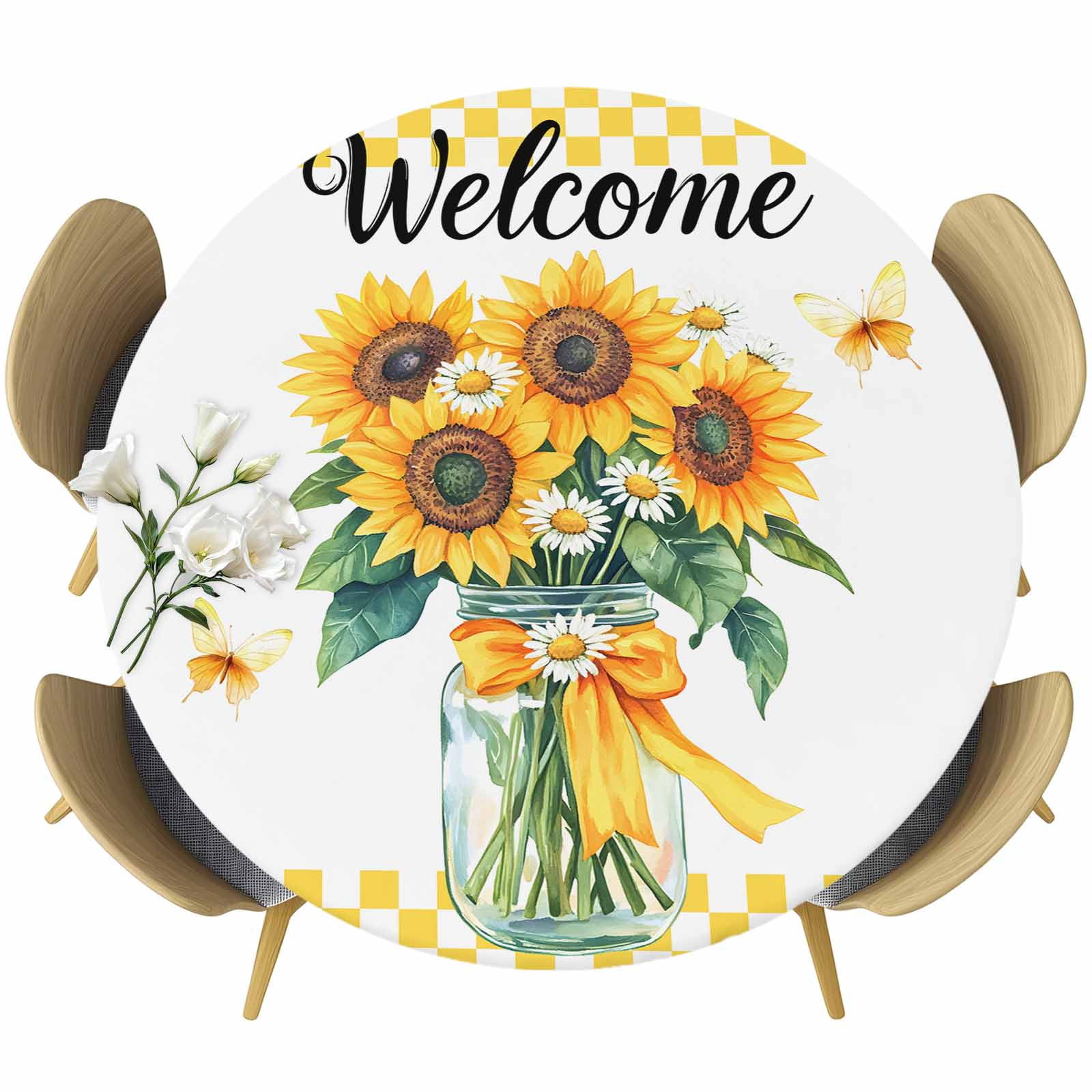 Round Fitted Tablecloth,Farm Sunflower Butterfly Daisy Leaves Vase ...
