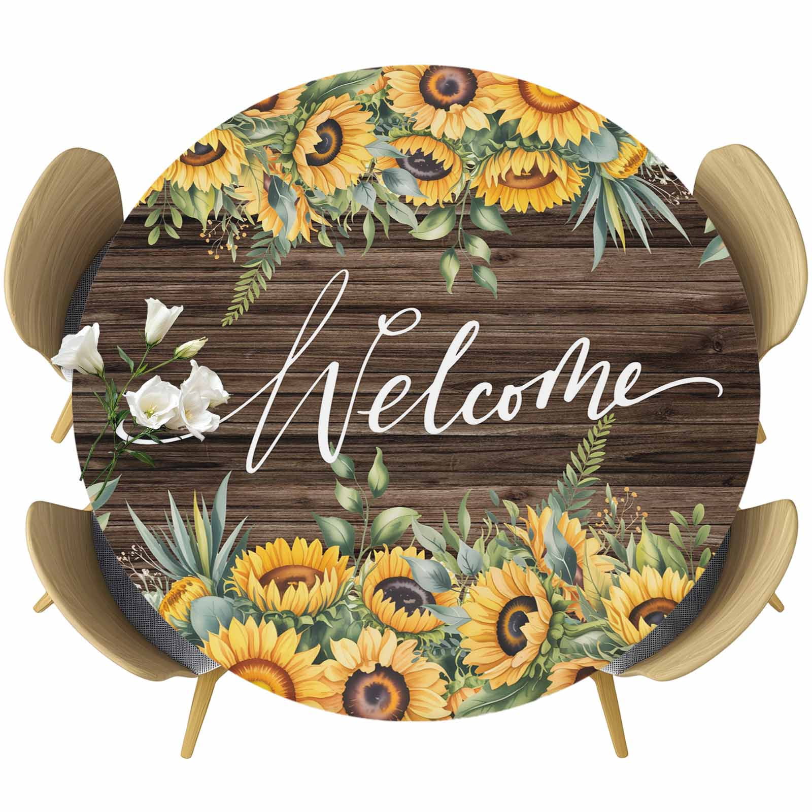 Round Fitted Tablecloth,Farm Sunflower Leaves Plant Circle Table Cover ...