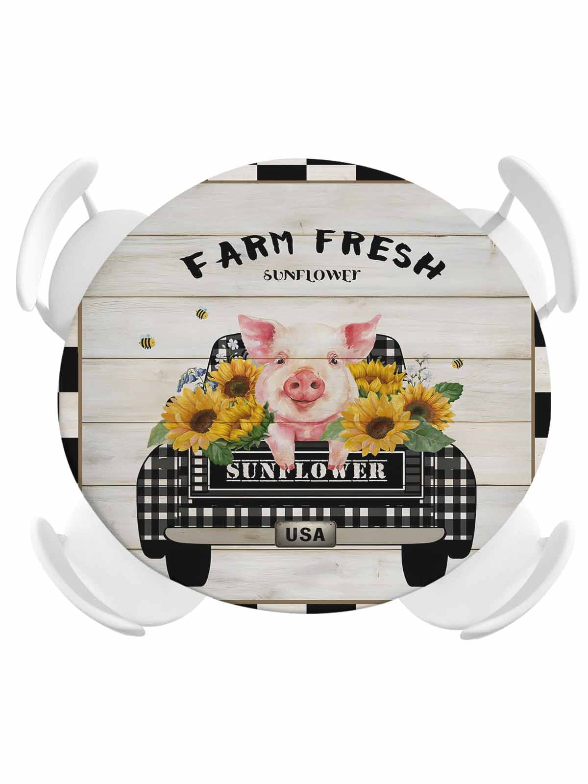 Round Fitted Tablecloth,Farm Trucks Pink Pig on Wood Circle Table Cover ...