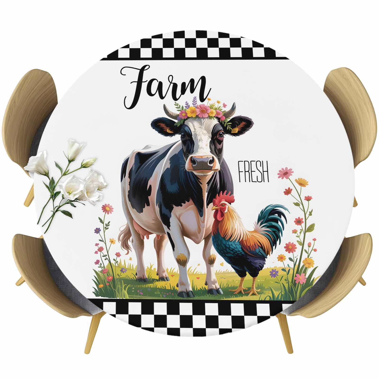 Round Fitted Tablecloth,Farmhouse Cow Rooster Flower Circle Table Cover ...