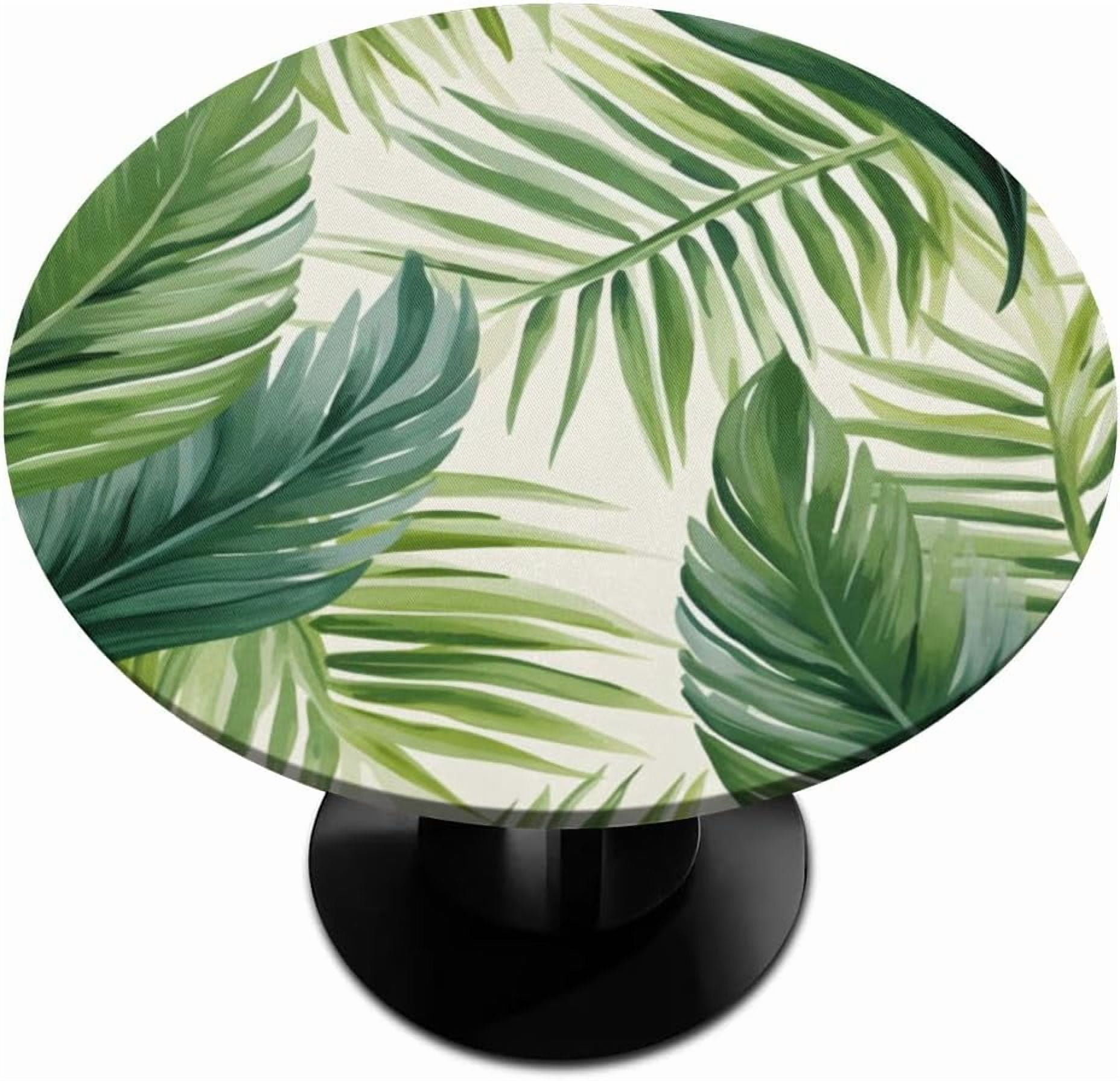 Round Fitted Tablecloth Green Leaves Round Tablecloth with Elastic Edge ...