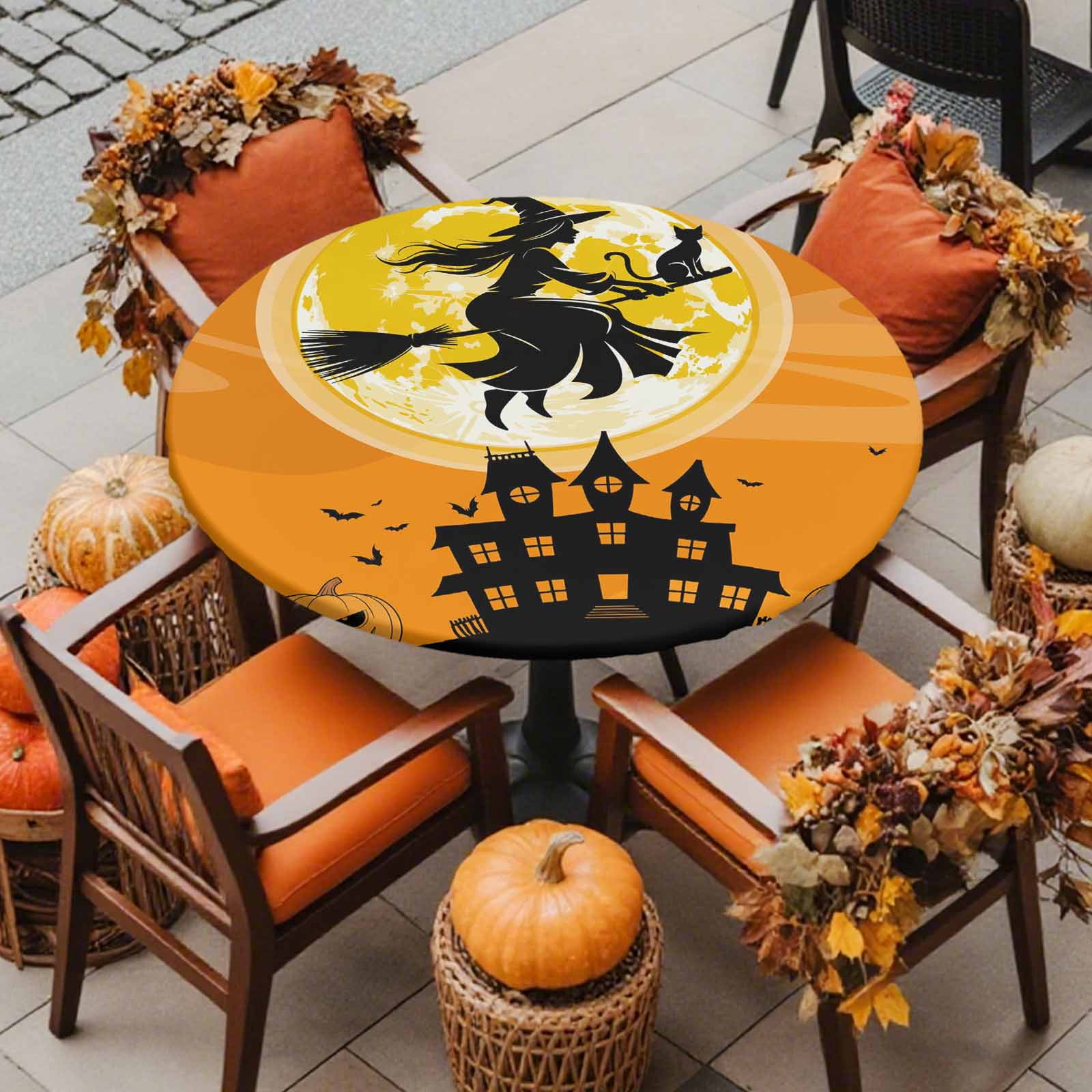 Round Fitted Tablecloth,Happy Halloween Witch Orange Moon Circle Table ...