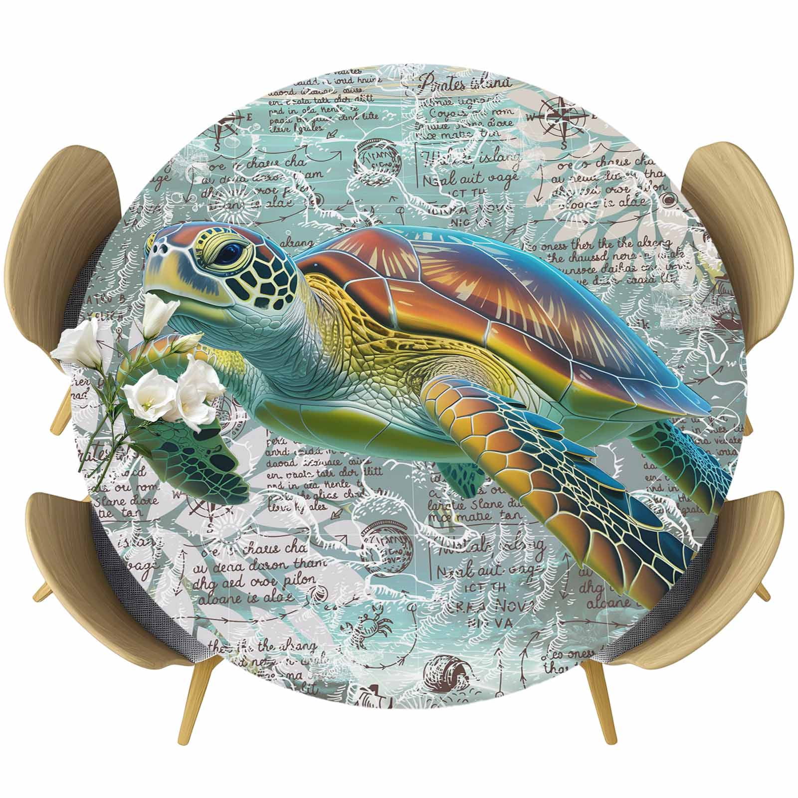 Round Fitted Tablecloth,Ocean Sea Turtle Nautical Map Circle Table ...