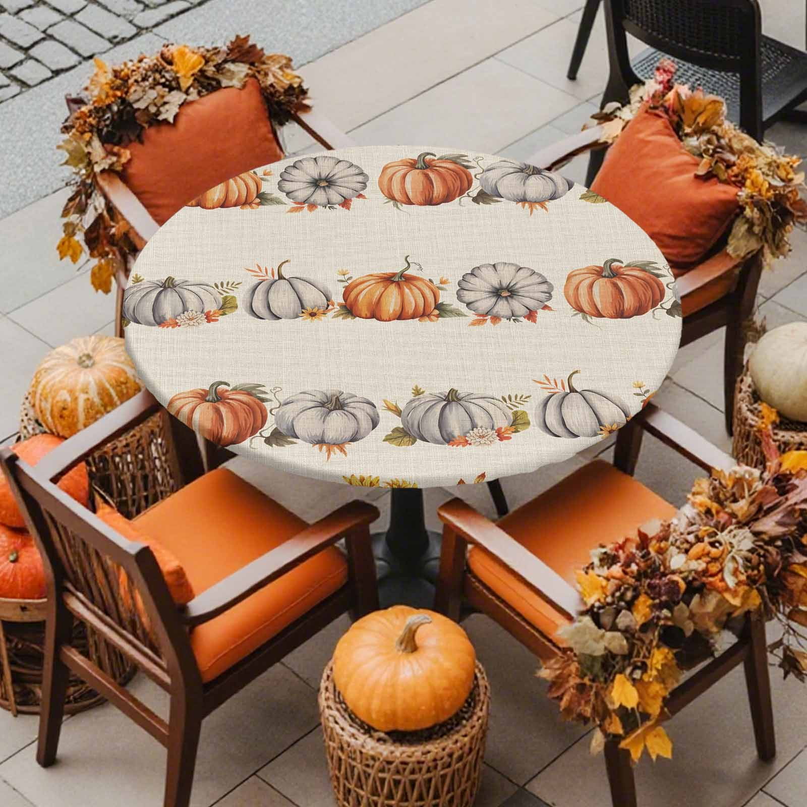 Round Fitted Tablecloth,Pumpkin Sunflower Fall Thanksgiving Circle ...