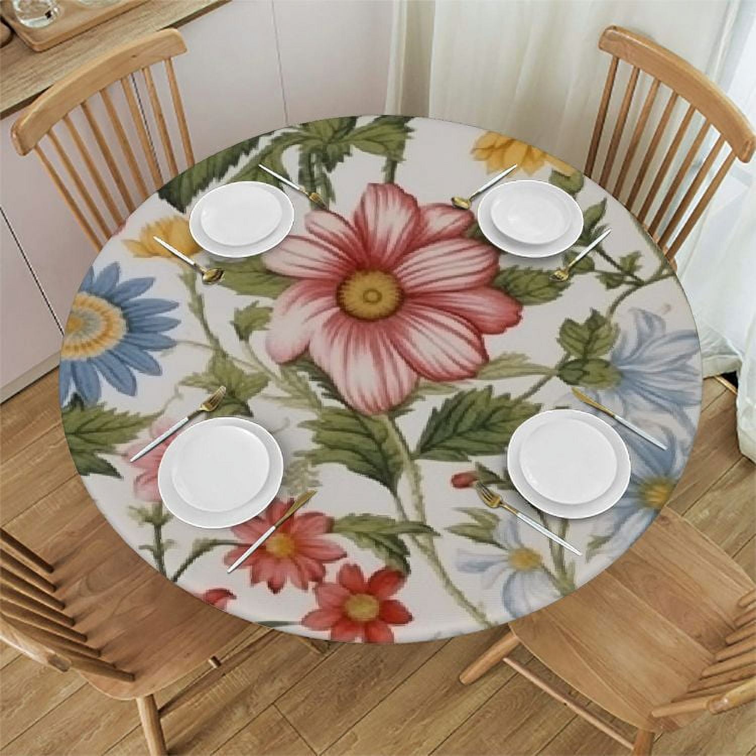 Round Fitted Tablecloth Seasonal Spring Floral Table Cloth with Elastic ...