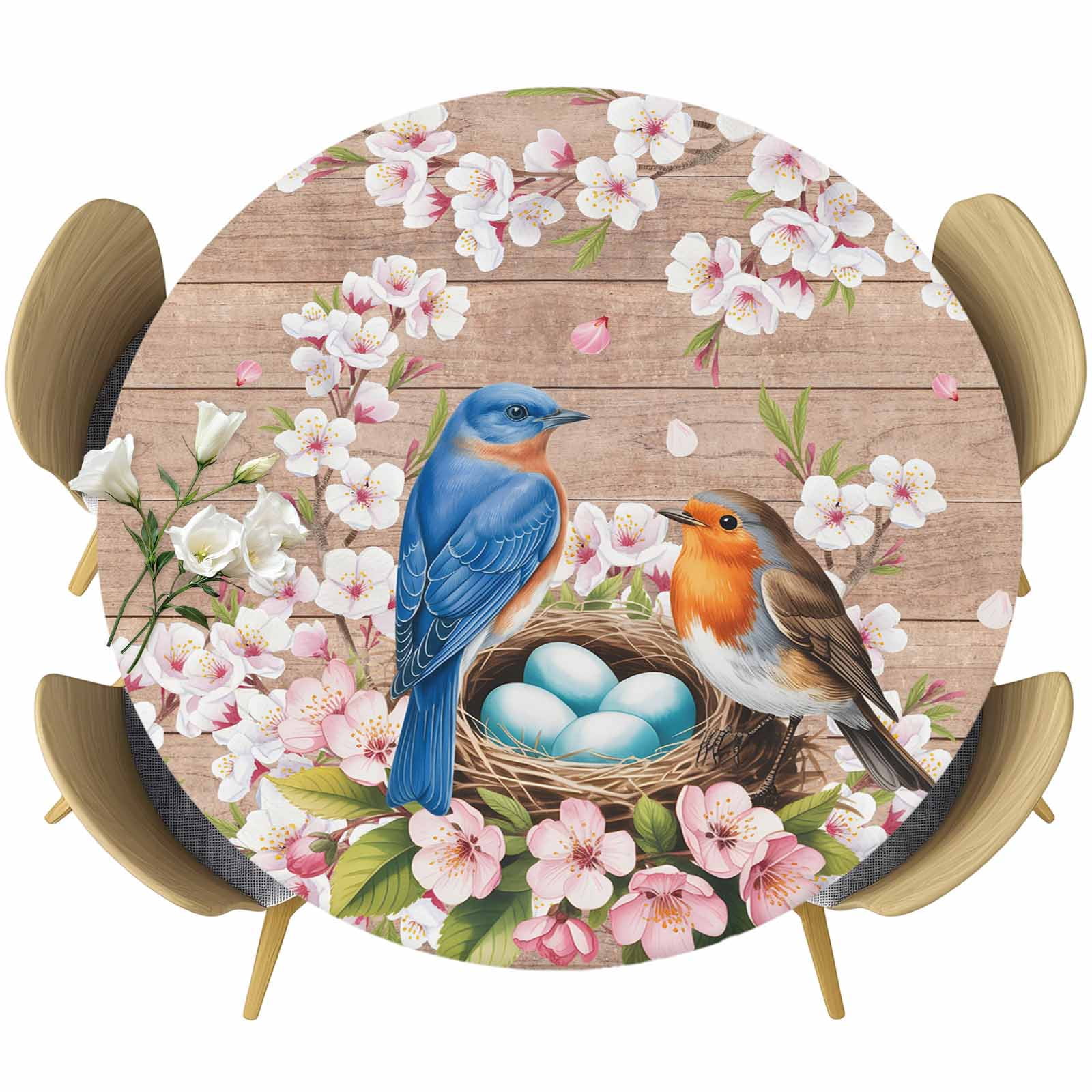 Round Fitted Tablecloth,Spring Cherry Flower Bird Circle Table Cover ...