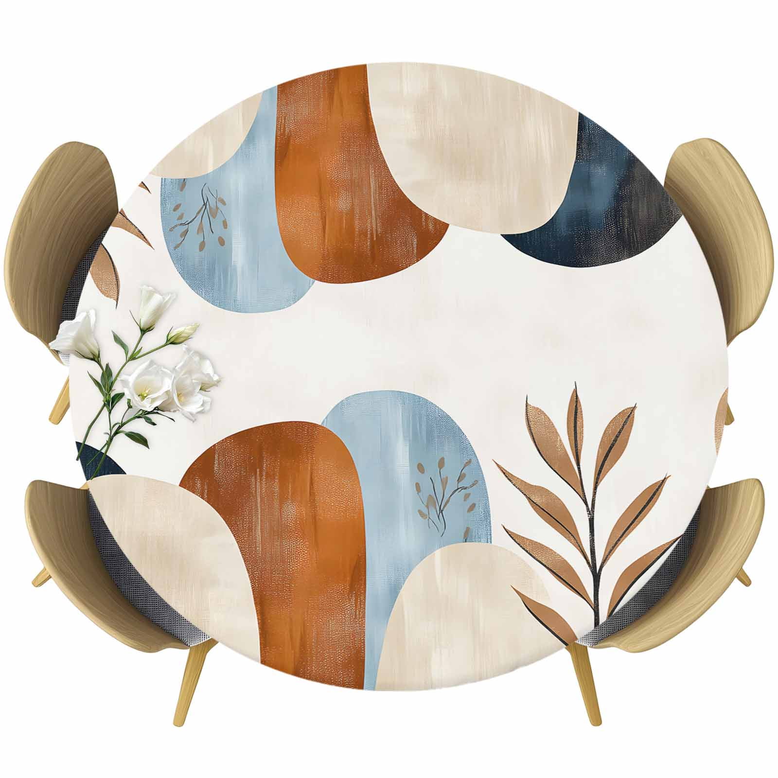 Round Fitted Tablecloth,Terracotta Aesthetic Abstract Leaves Circle ...