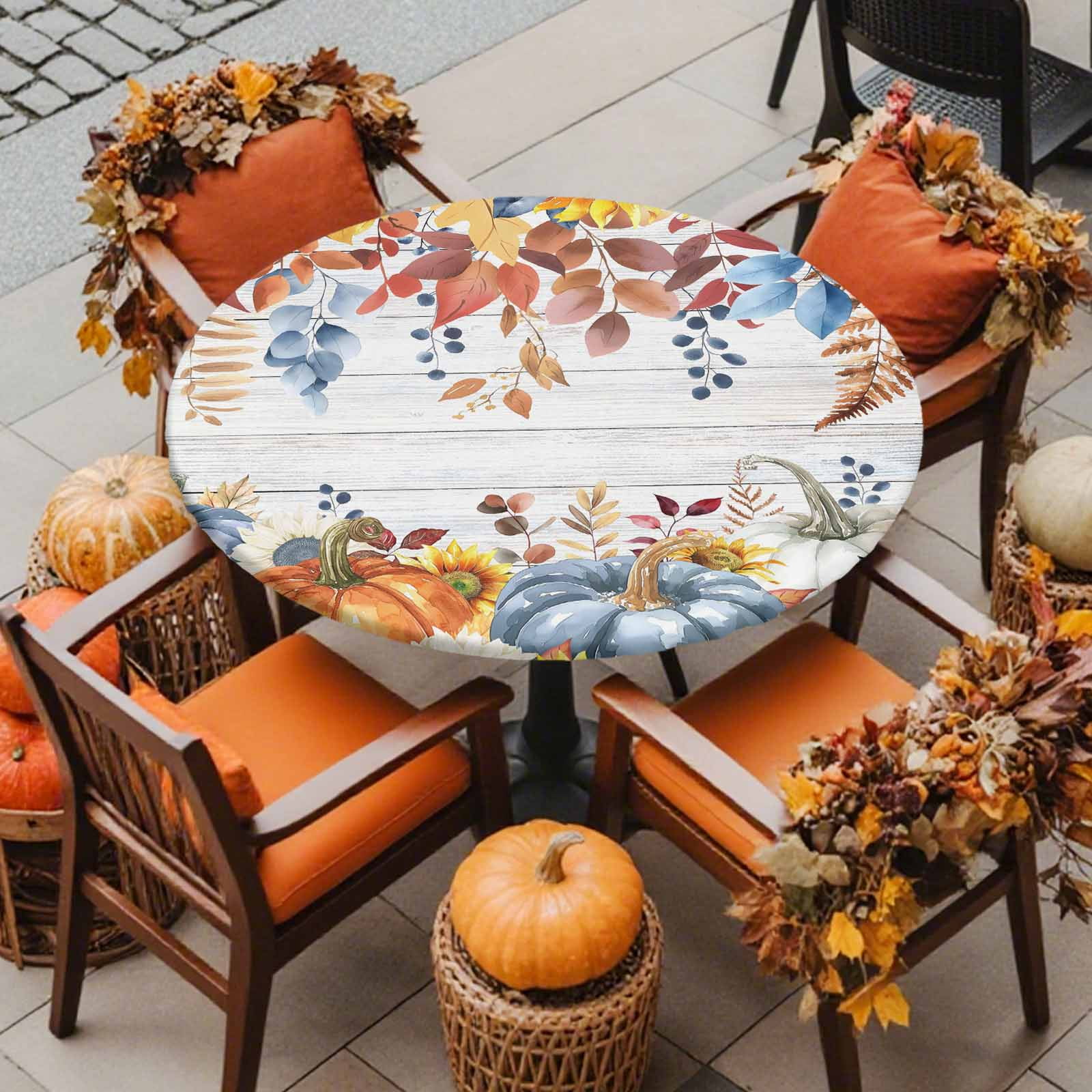 Round Fitted Tablecloth,Thanksgiving Pumpkin Sunflower Fall Leaves ...