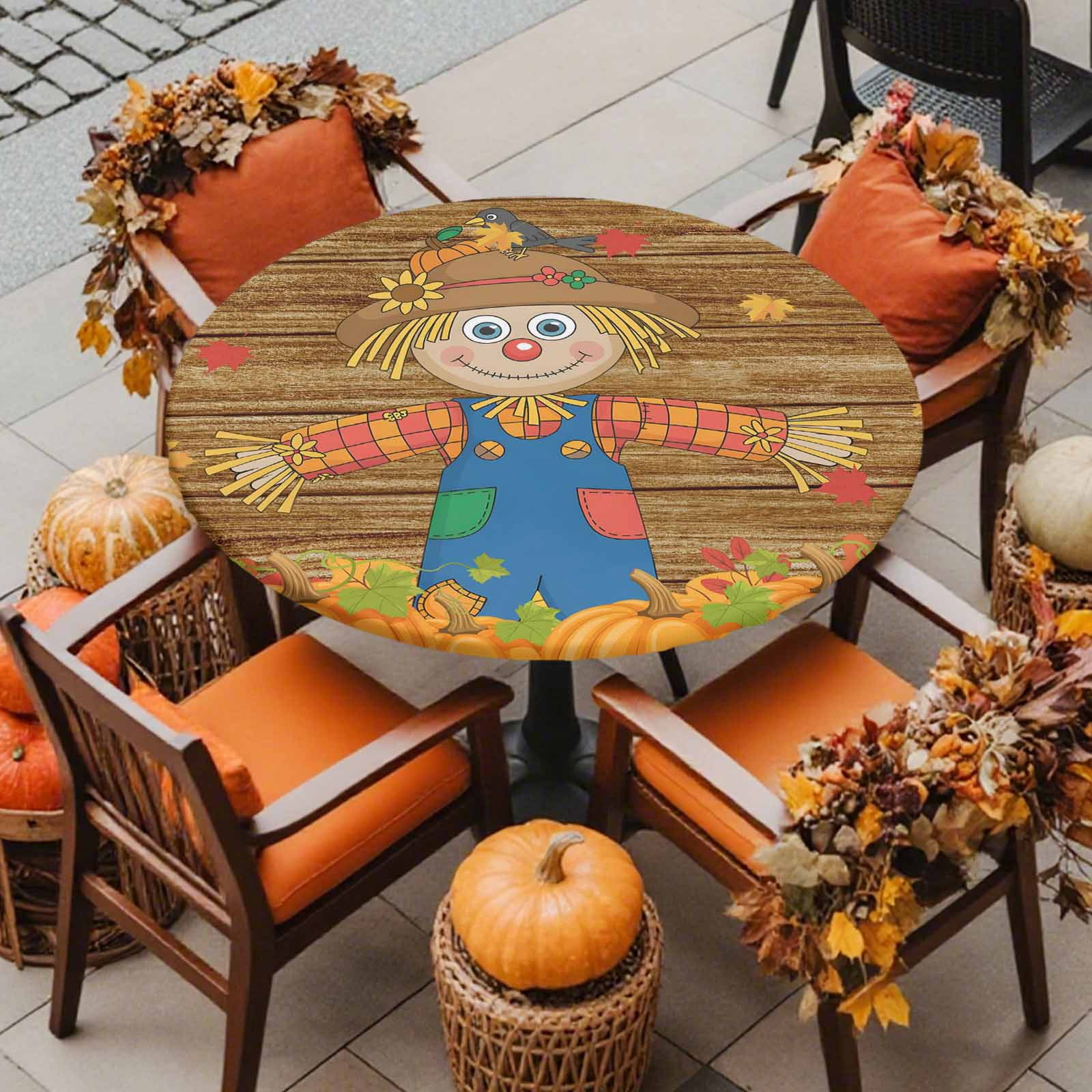 Round Fitted Tablecloth,Thanksgiving Straw Man Fall Pumpkin Circle ...