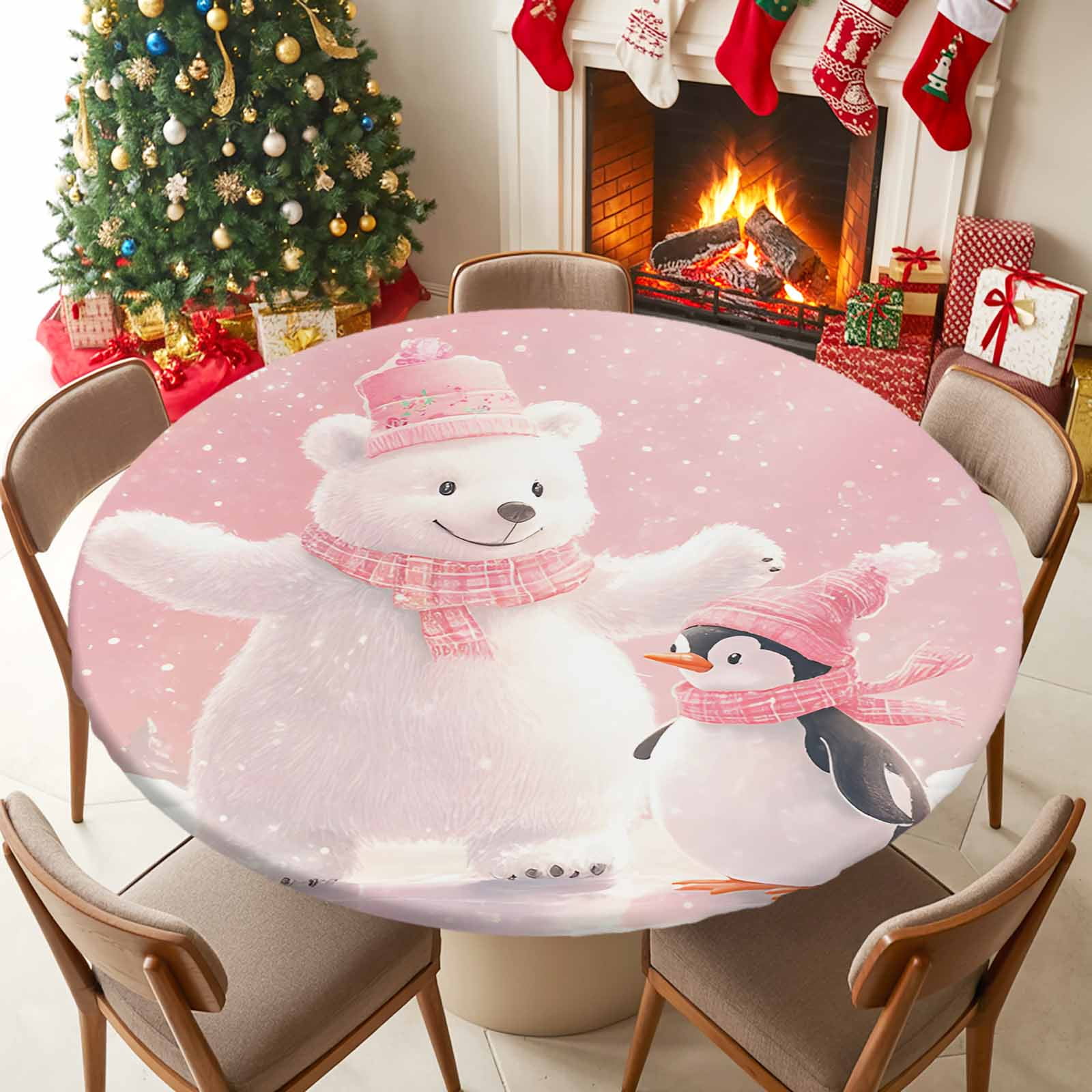 Round Fitted Tablecloth,Winter Christmas Polar Bear Penguins Circle ...