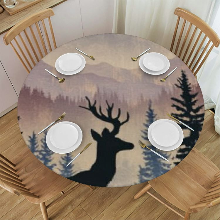 Round Fitted Tablecloth with Elastic Deer Forest Tablecloths Washable ...