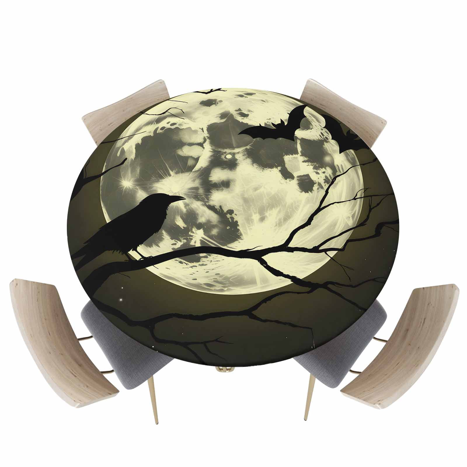 Round Fitted Tablecloths with Elastic Edge Halloween Crow Moon Oil ...