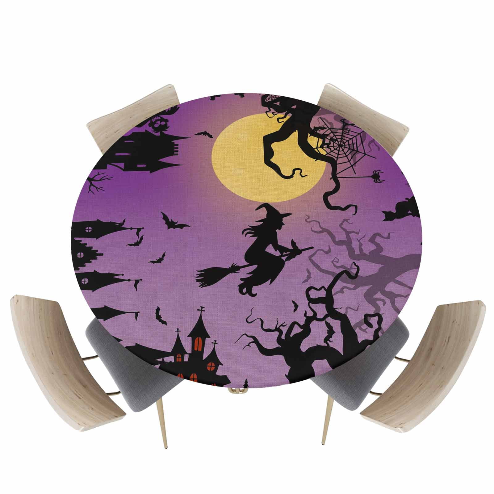 Round Fitted Tablecloths with Elastic Edge Halloween Witch Purple Night ...