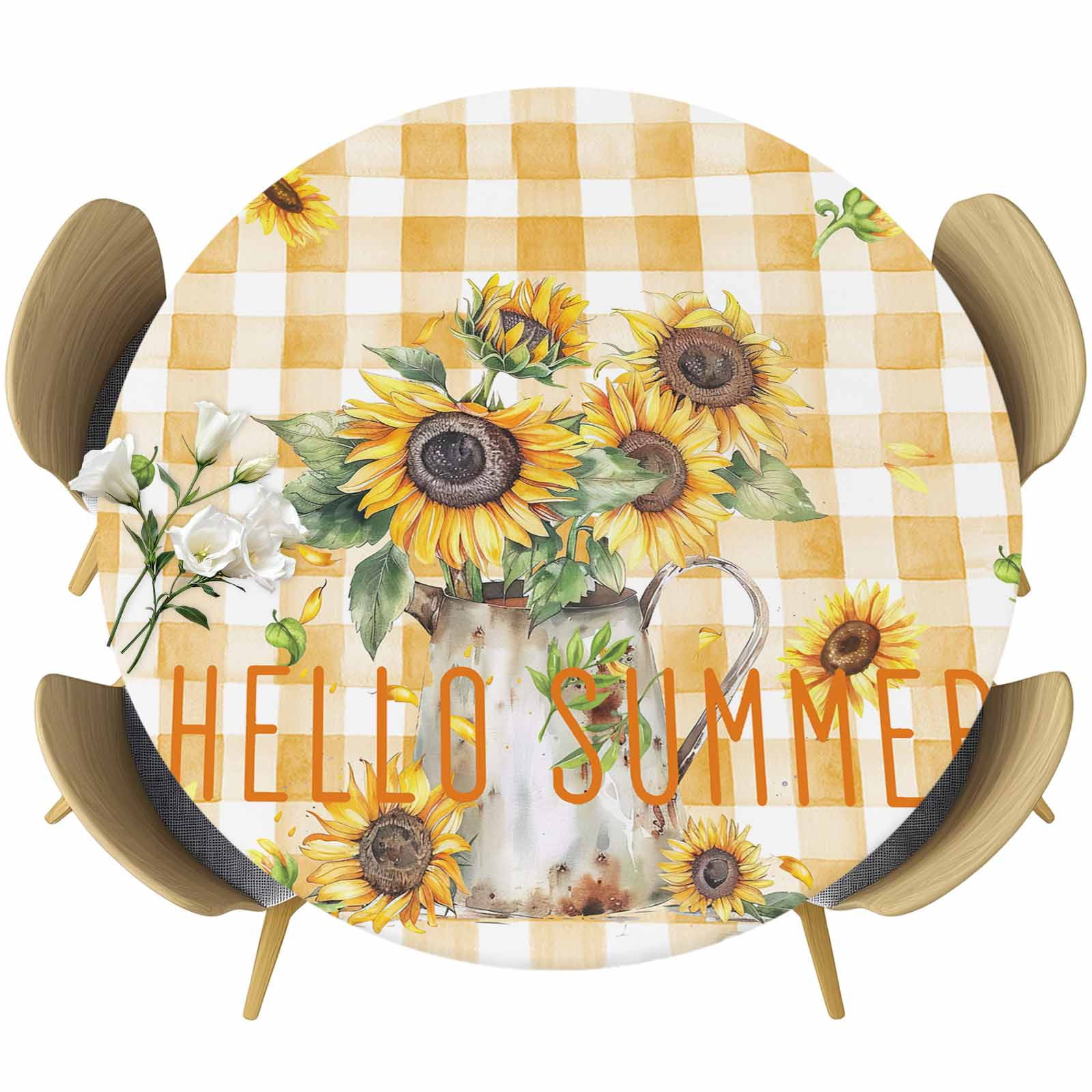 Round Fitted Tablecloths with Elastic Edge Spring Sunflower Watering ...