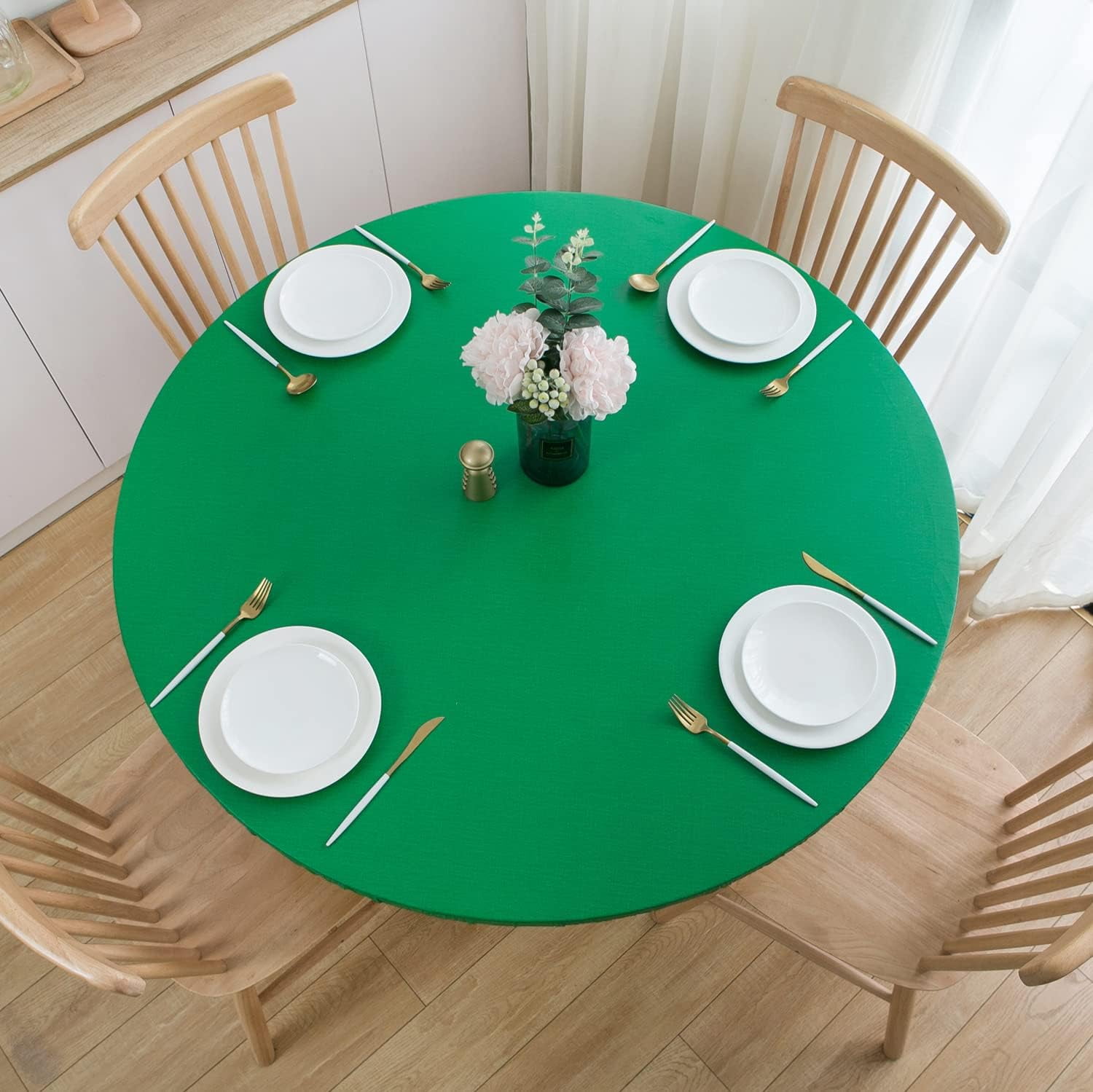 Round Fitted Vinyl Tablecloth with Elastic Edge 100% Waterproof Oil ...