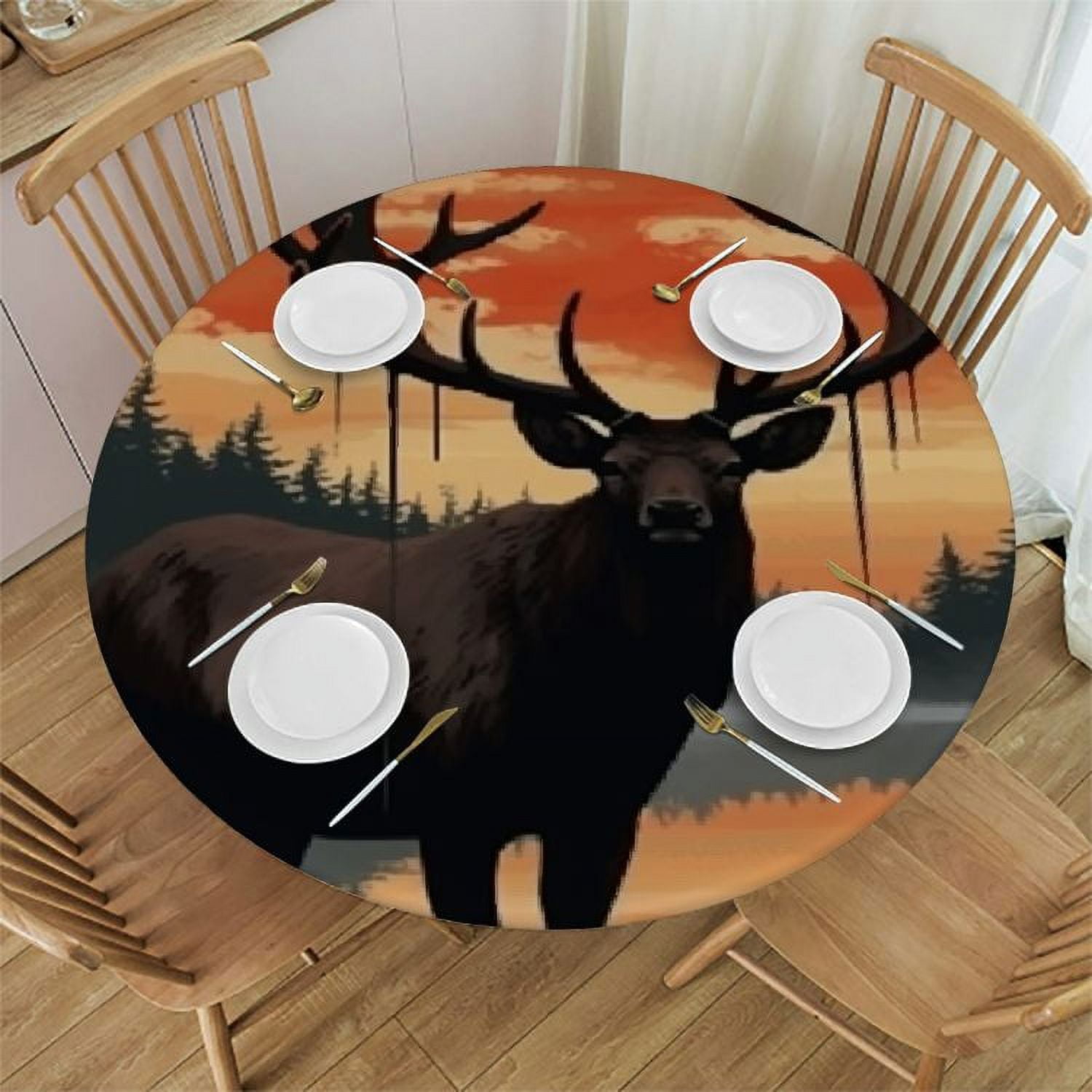 Round Fitted with Elastic Edge, Forest Elk Table Cover Waterproof ...