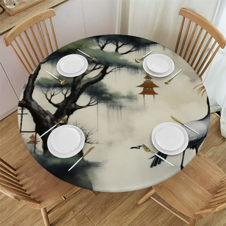 Round Fitted with Elastic Edge, Ink Painting Table Cover Waterproof ...