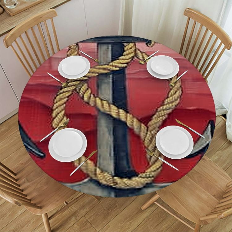 Round Fitted with Nautical Anchor s Washable Red Patio Table Cover for ...