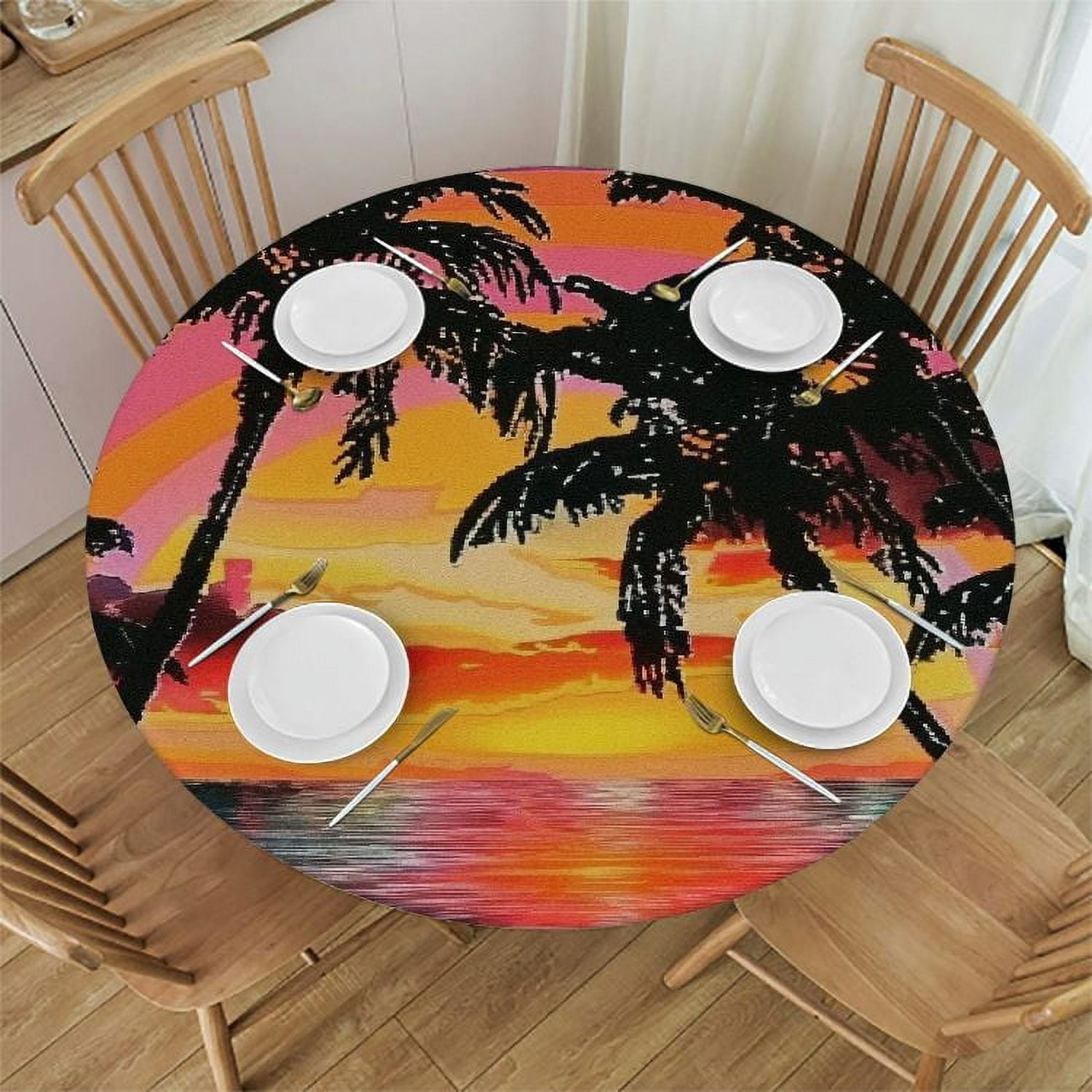 Round Fitted with Sunset Seaside Silhouette Polyester Table Cloth Fits ...