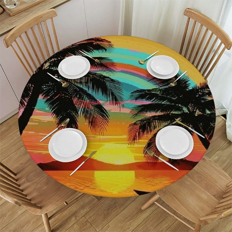 Round Fitted with Sunset Seaside Silhouette Polyester Table Cloth Fits Round Tables Table Covers ...