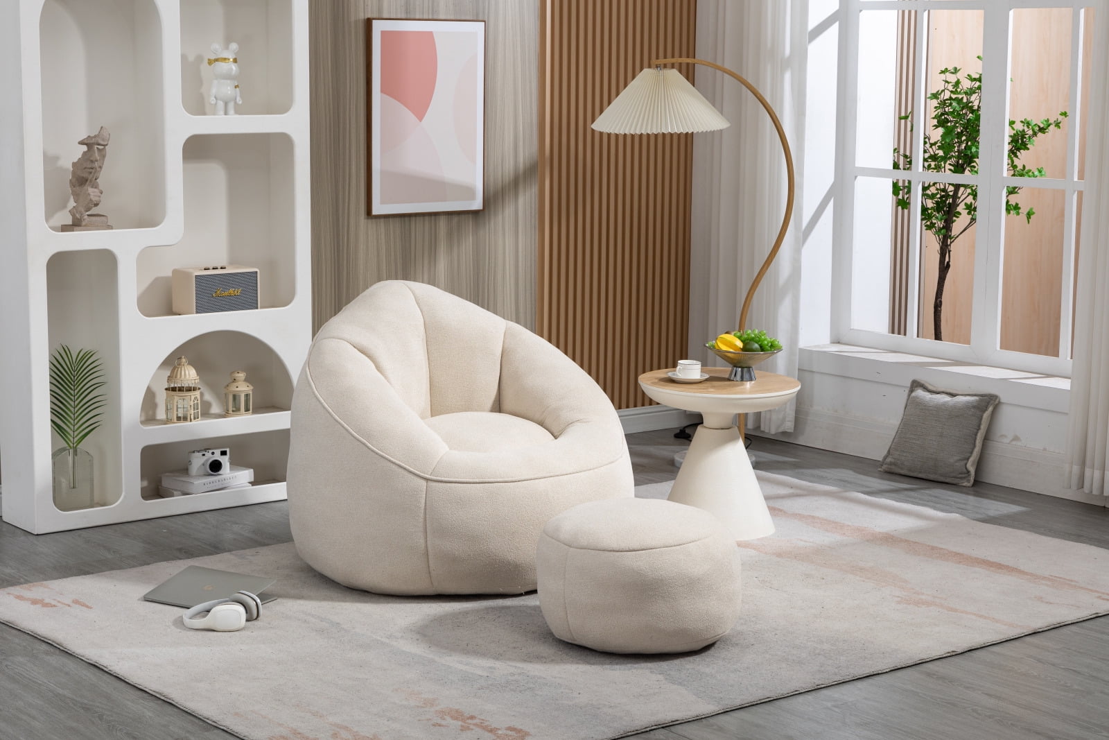 Round Floor Lazy Chair with Ottoman, Padded Bean Bag Chair with ...