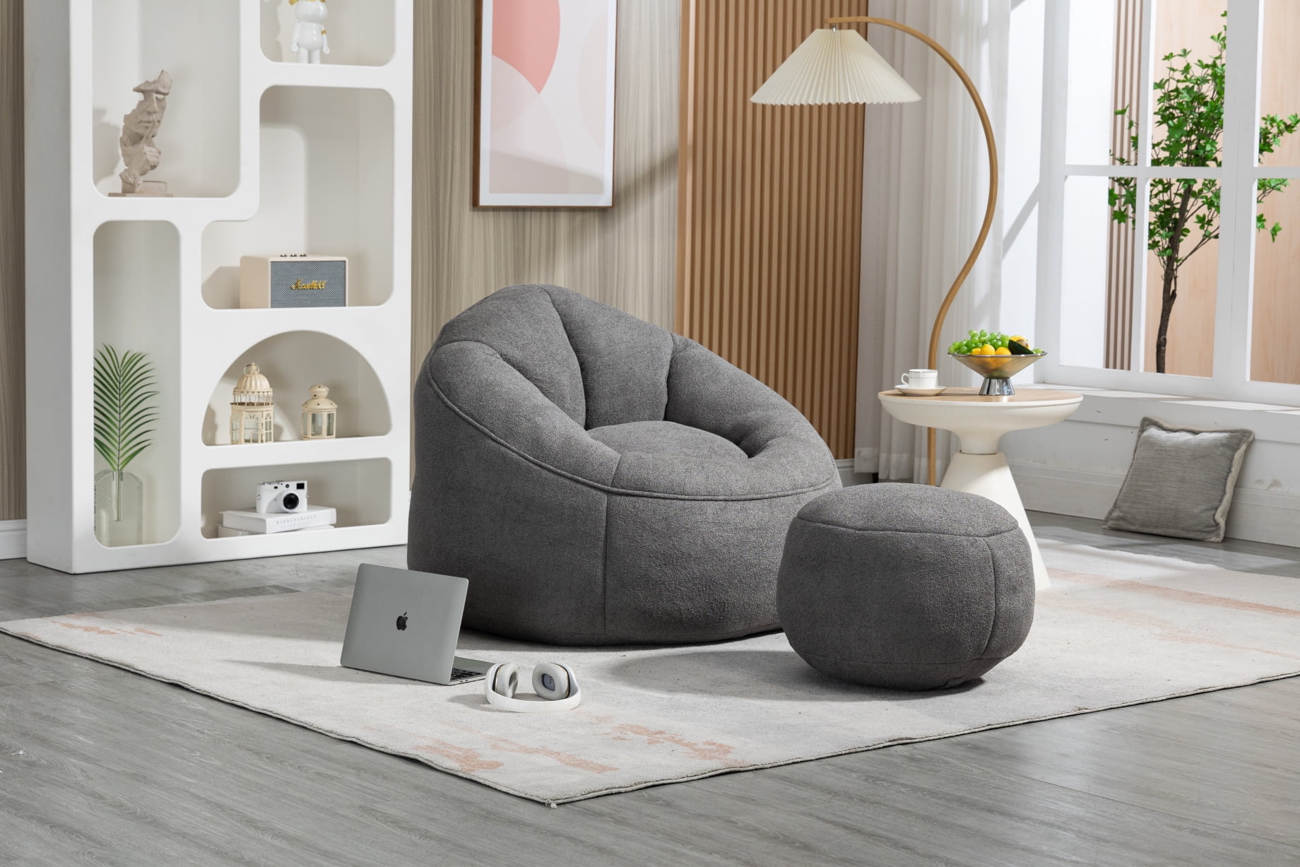 Round Floor Lazy Chair with Ottoman, Padded Bean Bag Chair with ...