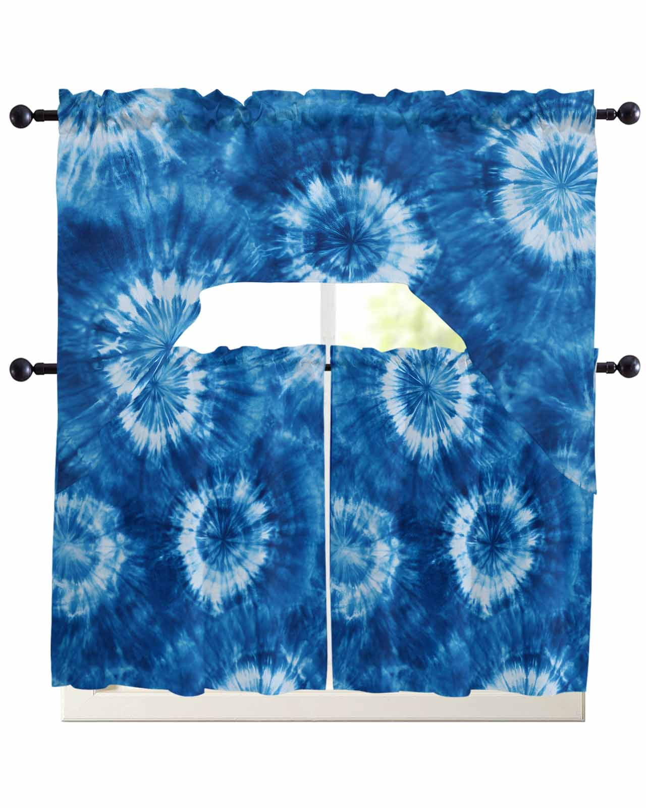 Round Floral Tie-dye Swag Valance and Tier Curtains Set Blue Watercolor ...