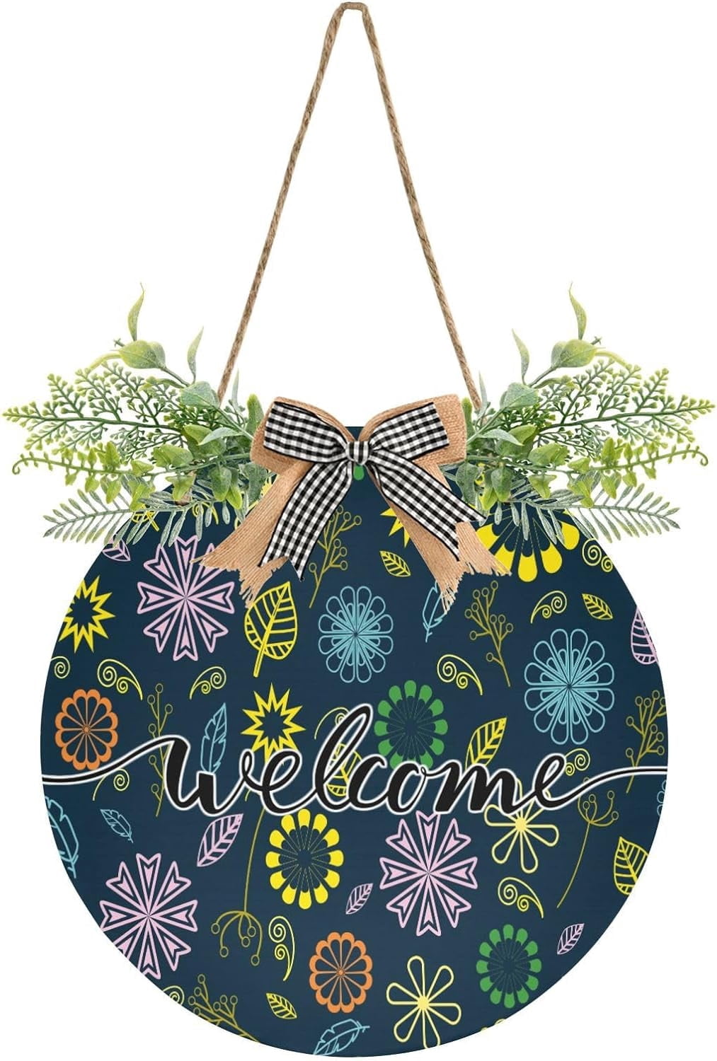 Round Flower Welcome Sign Farmhouse Front Porch Door Hanging Welcome ...