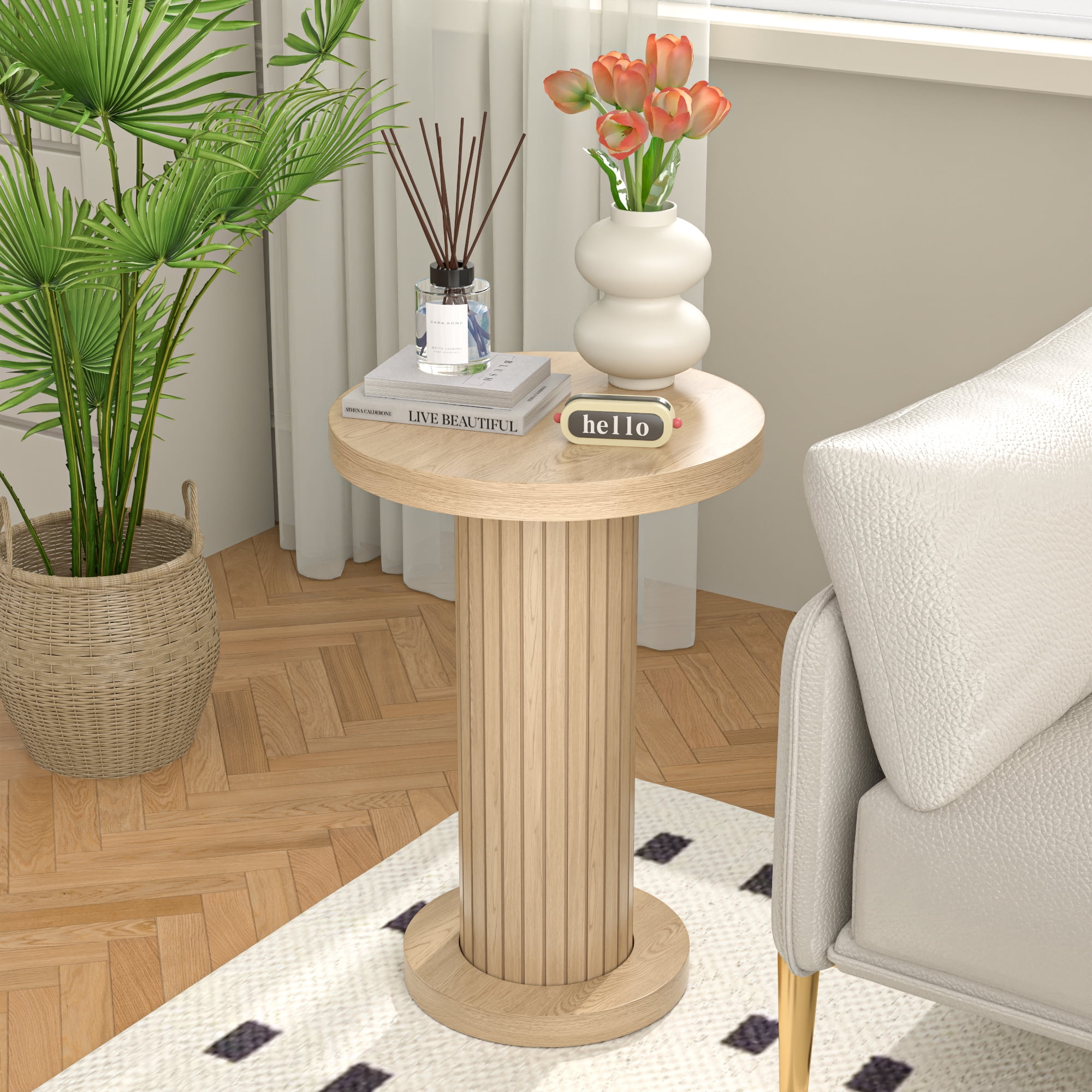 Round Fluted Accent Side Table, Small Drink Desk, Pedestal Drink Desk ...