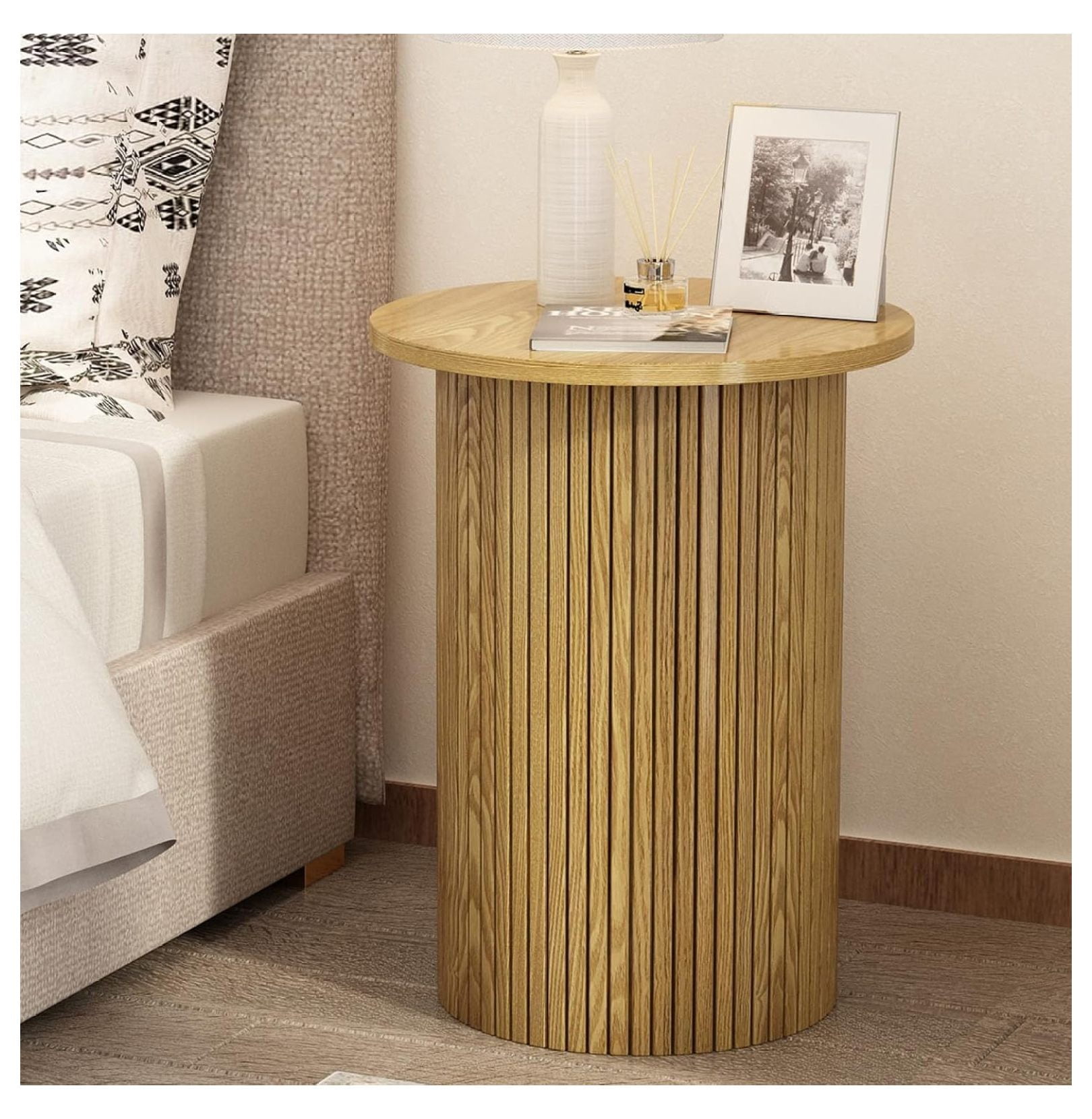 Round Fluted End Table,Small Accent Pedestal Side Table, Wood Fluted ...
