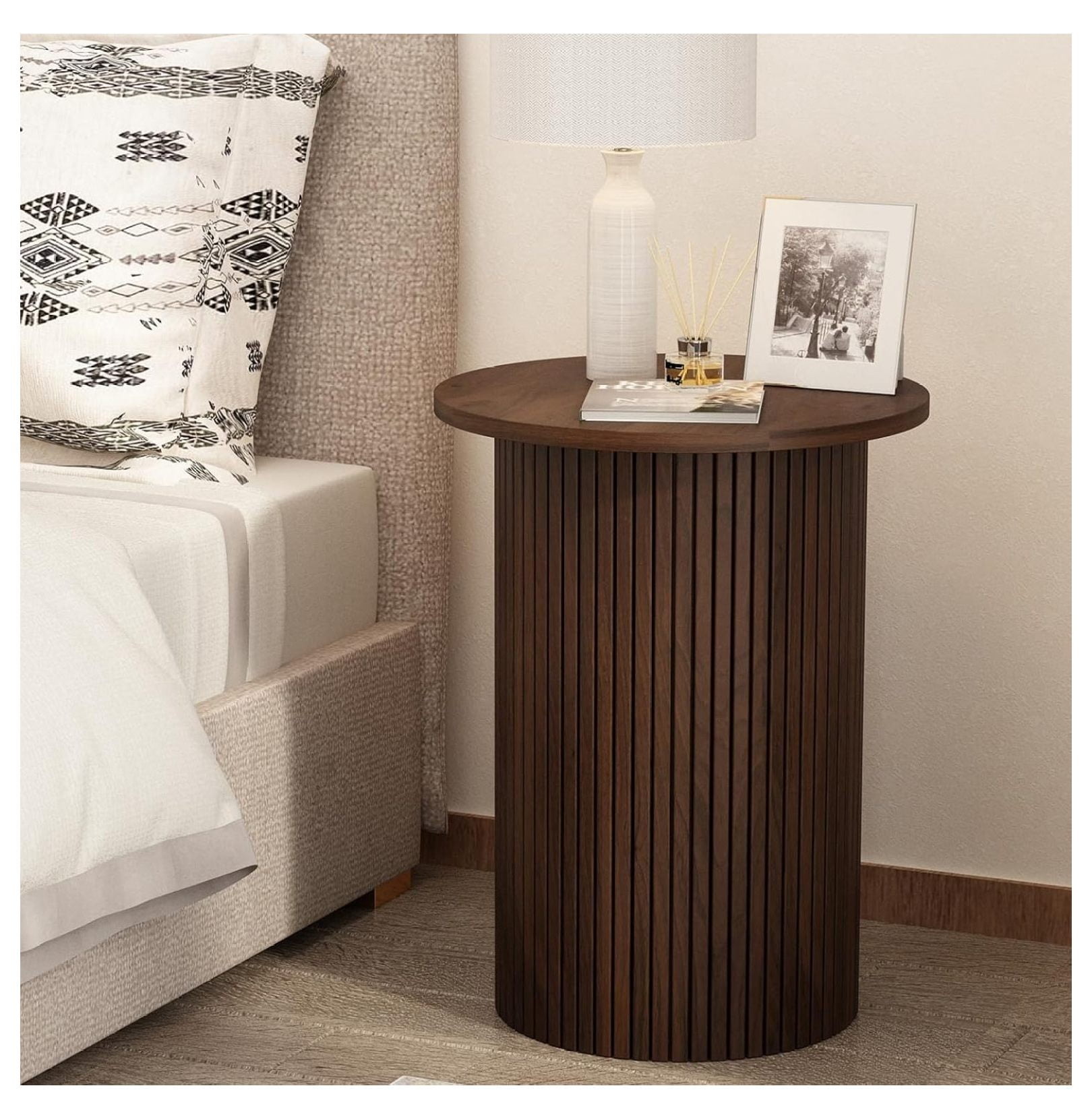 Round Fluted End Table, Small Accent Pedestal Side Table, Wood Fluted ...