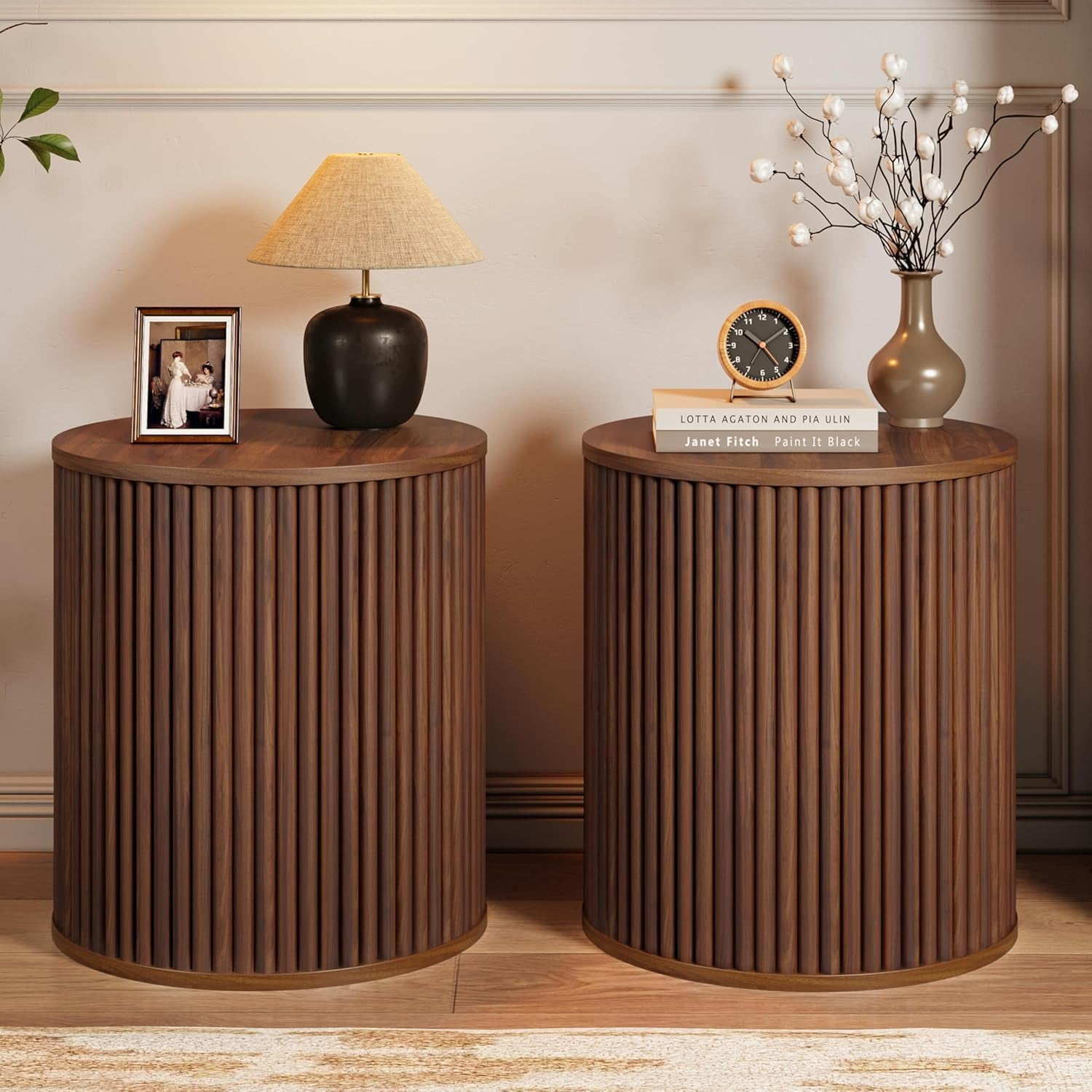 Round Fluted Side Table Set of 2, 15.7" Mid-Century Modern End Table ...
