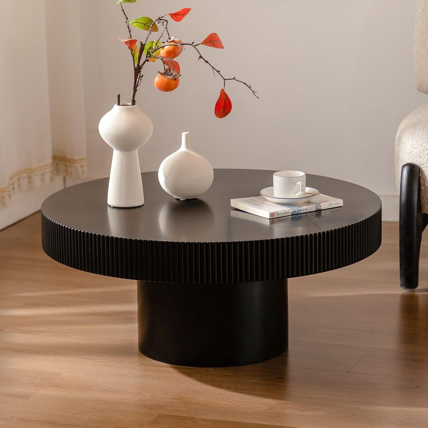 Round Fluted Wood Handcraft Drum Veneered Drum Coffee Circle Cocktail ...