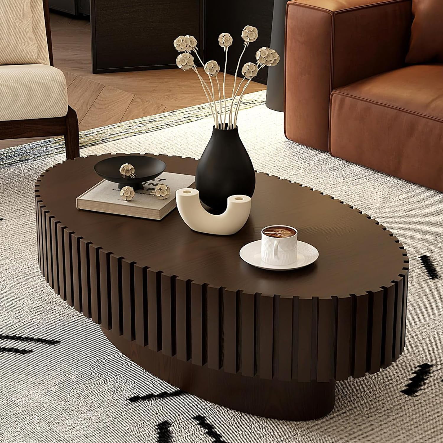 Round Fluted Wood Handcraft Drum Veneered Drum Coffee Circle Cocktail ...