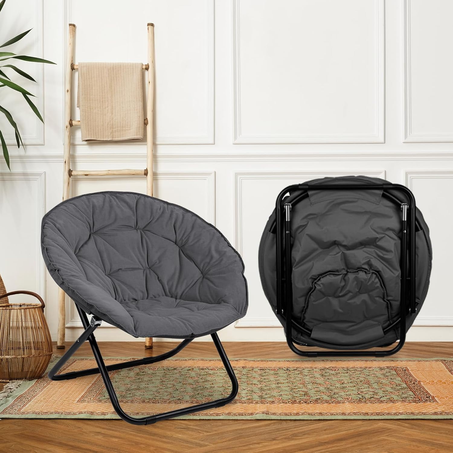 Round Foldable Saucer Chair Capacity Cozy Chair with Black Metal Frame ...