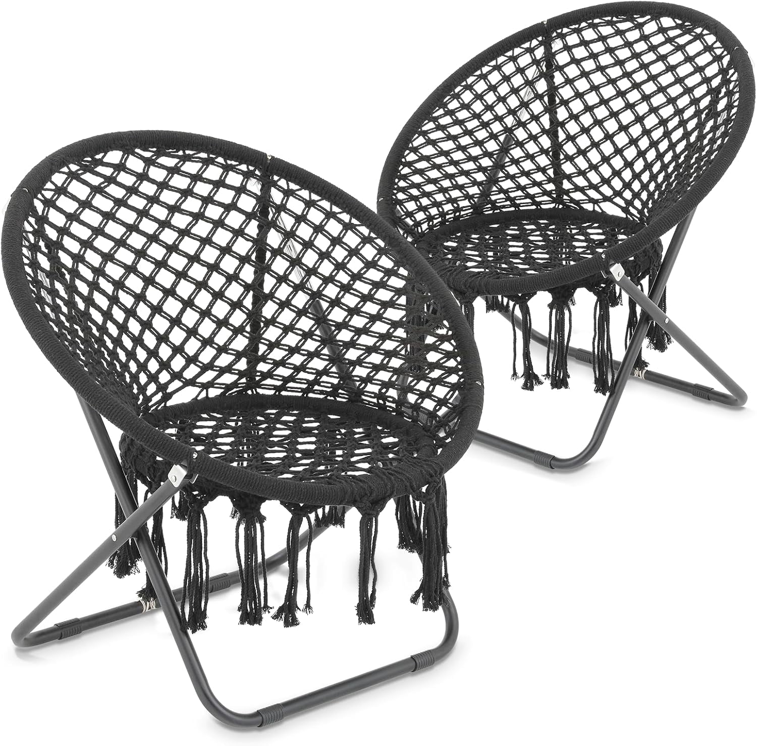 Round Foldable Saucer Chair with Tassels, Folding Metal Frame Comfy ...