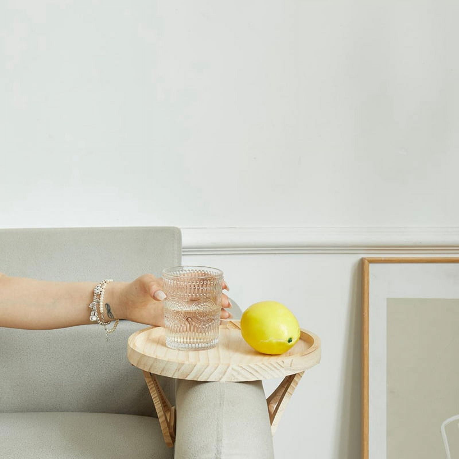 Round Foldable Wooden Sofa Clip on Side Table for Wide Couches Arm ...