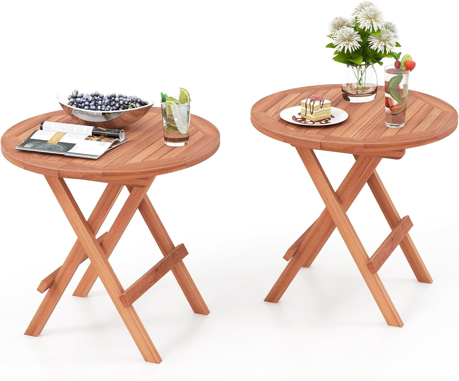 Round Folding Side Table Set of 2, Outdoor Indonesia Teak Wood Patio ...