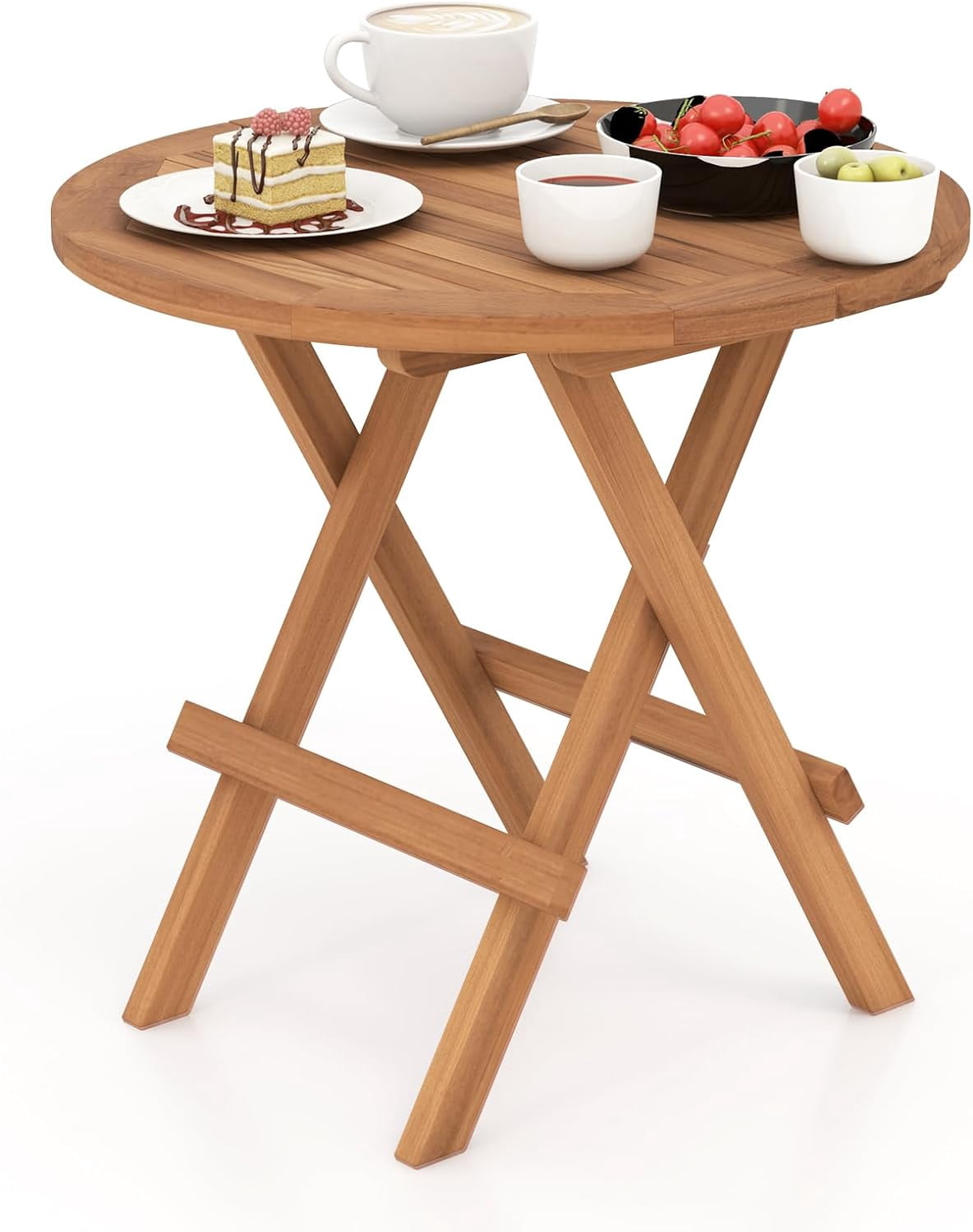 Round Folding Side Table, Teak Wood End Table with Heavy Duty X-Shaped ...