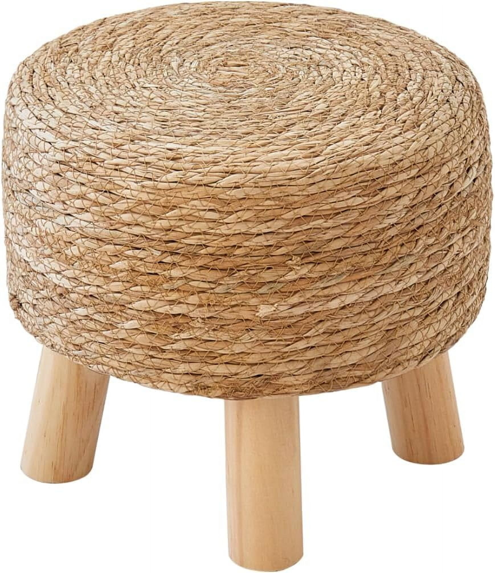 Round Footstool with 4 Wood Legs, Round Ottoman Natural Seagrass ...